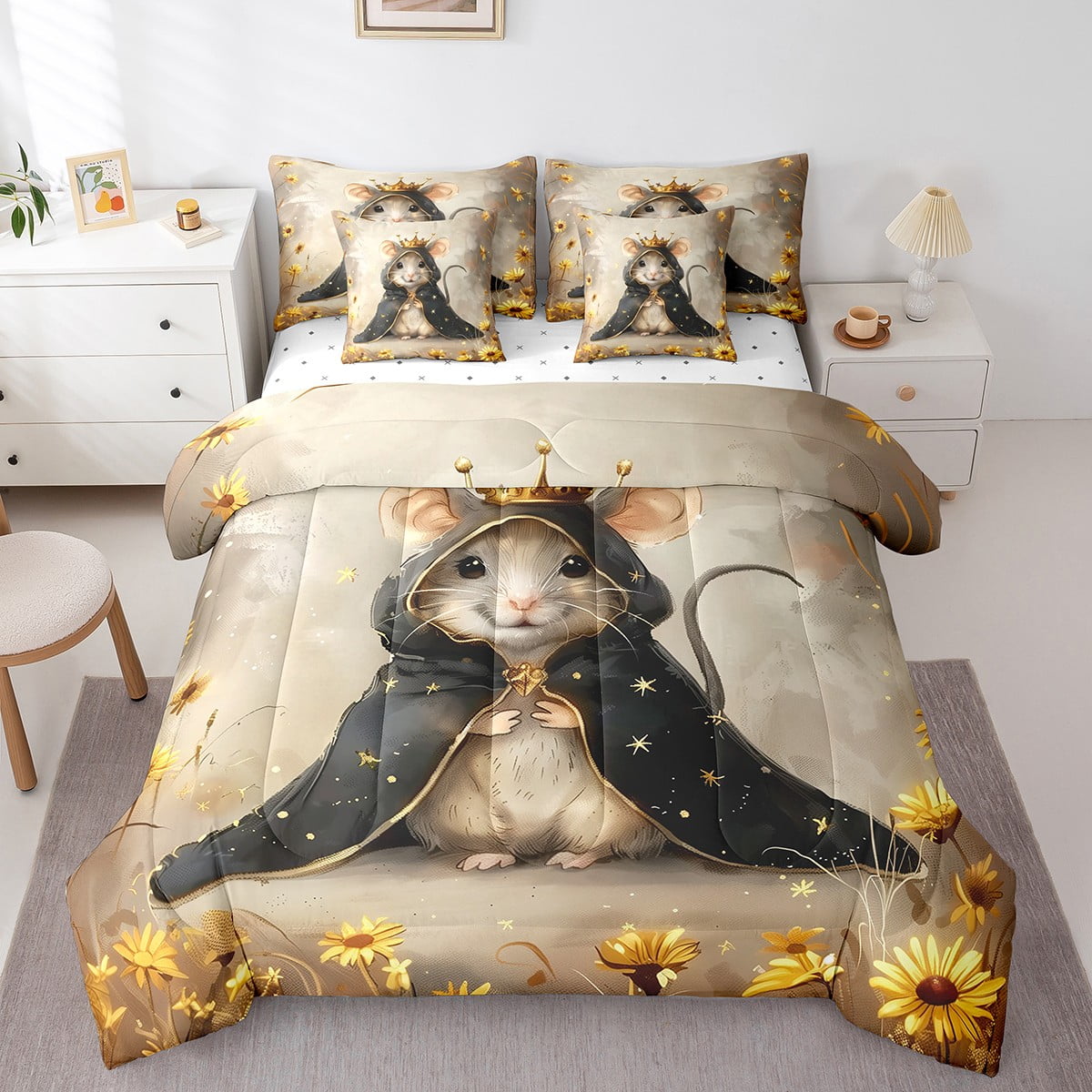 Cute King Mouse Bedding Set Queen,Golden Daisy Flower 7Pcs Comforter ...