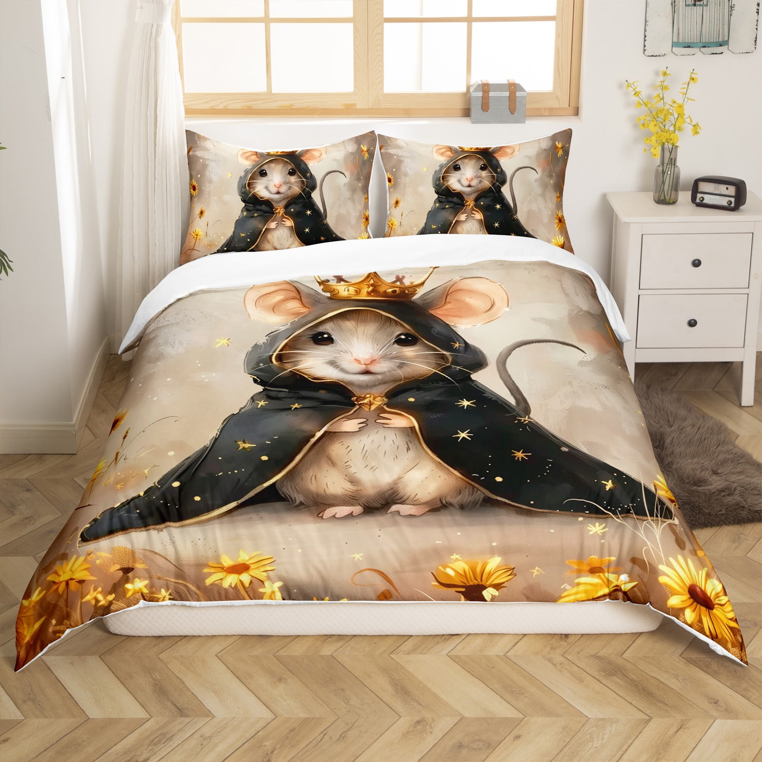 Cute King Mouse Duvet Cover Set Full Size,Golden Daisy Flower Bedding ...
