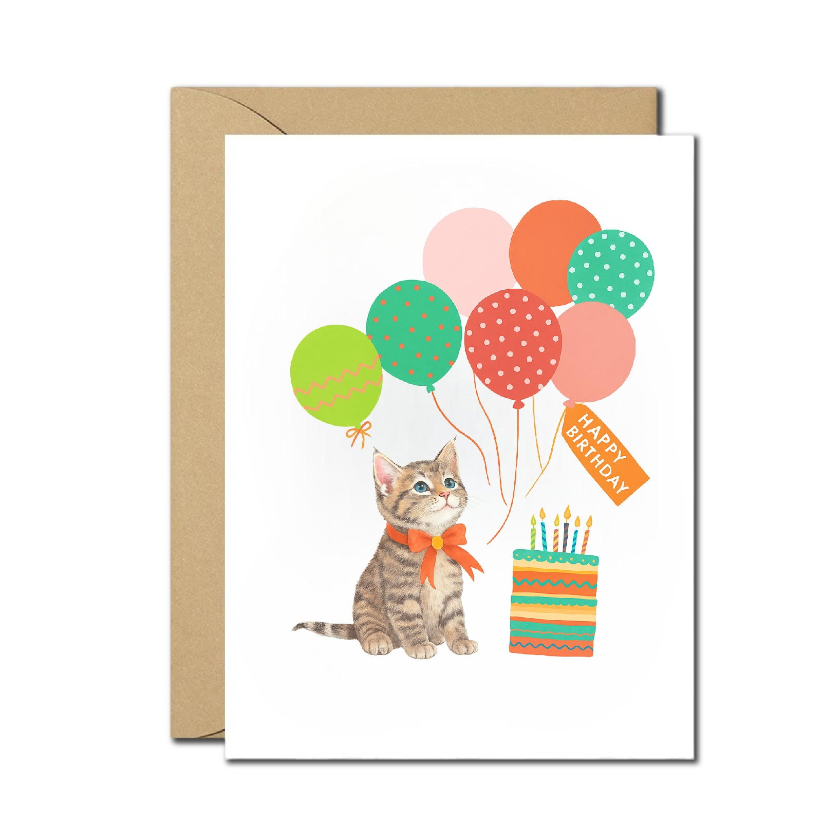 Cute Kitten Birthday Greeting Card - Adorable Cat with Balloons & Cake ...