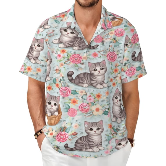 Cute Kitten Floral Cat Lover Men'S Short-Sleeved Shirts with All-Over ...