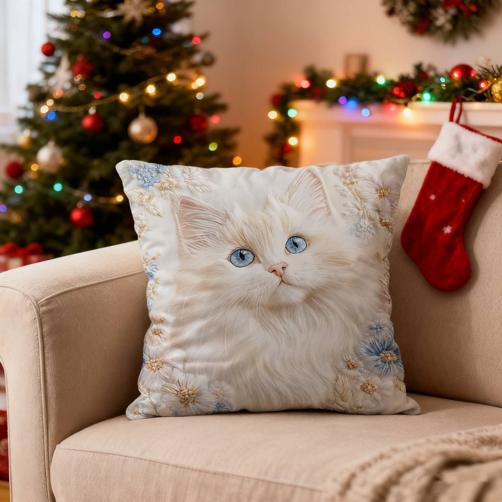 Cute Kitten Imitation Embroidery Throw Pillow Cover - Square Decoration ...