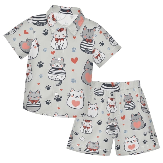 Cute Kitten Paw Prints and Hearts Pattern Boys' Hawaiian Shorts Sets ...