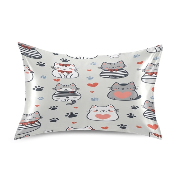 Cute Kitten Paw Prints and Hearts Pattern King Size Satin Pillowcase 40 ...