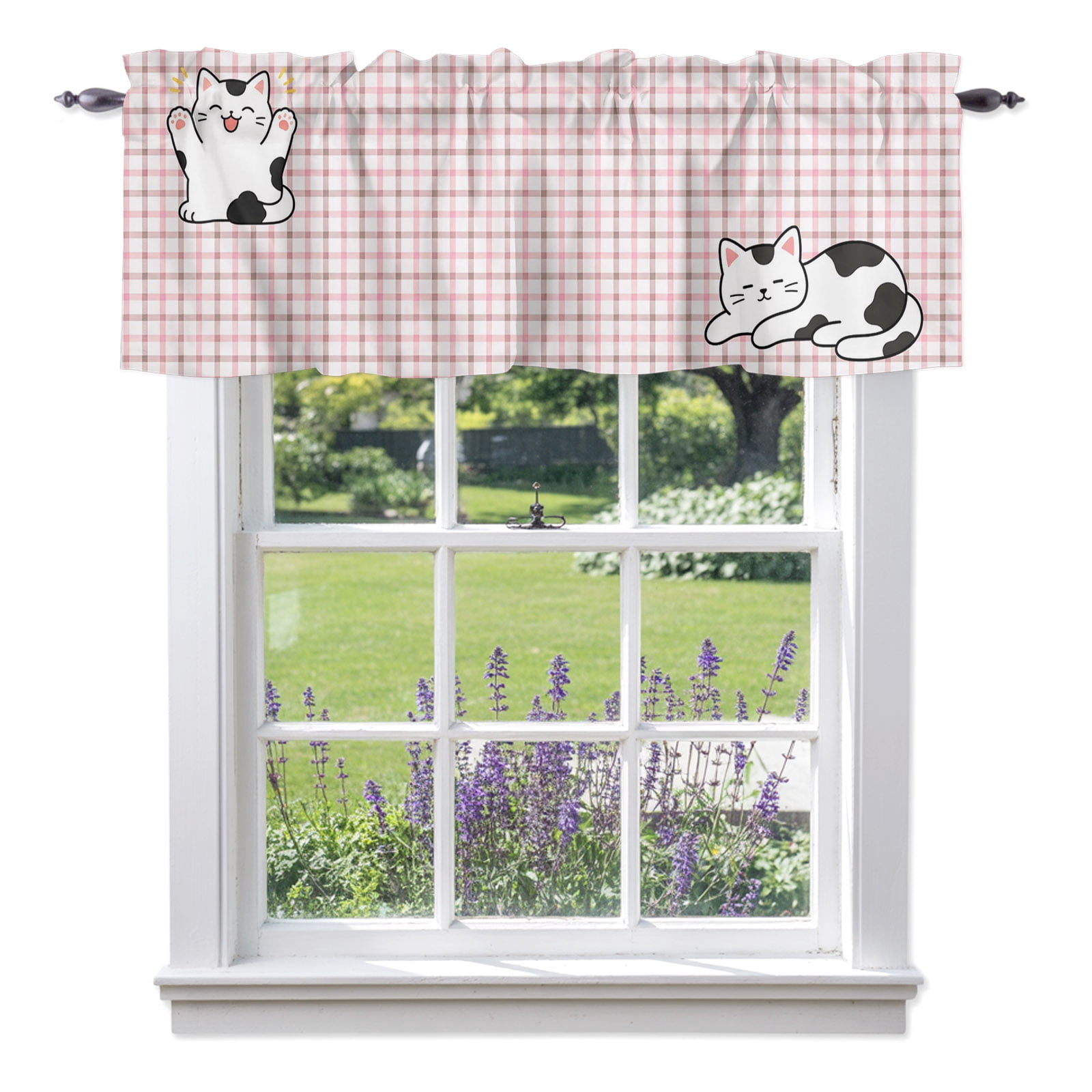 Cute Kitten Valances for Windows Black White Cat Pink Grid Plaid ...