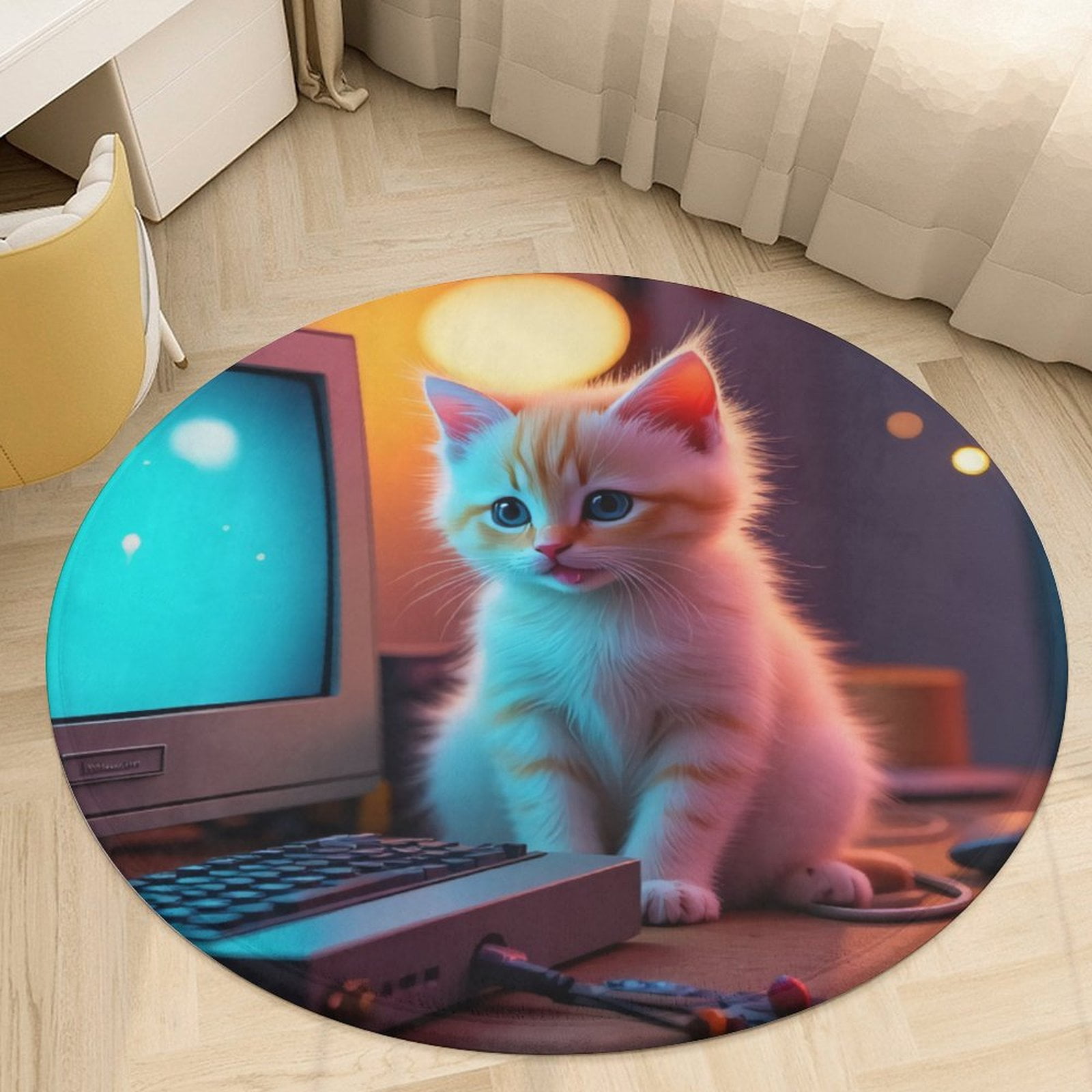 Cute Kitten by Retro Computer Round Area Rugs for Bedroom Living Room ...