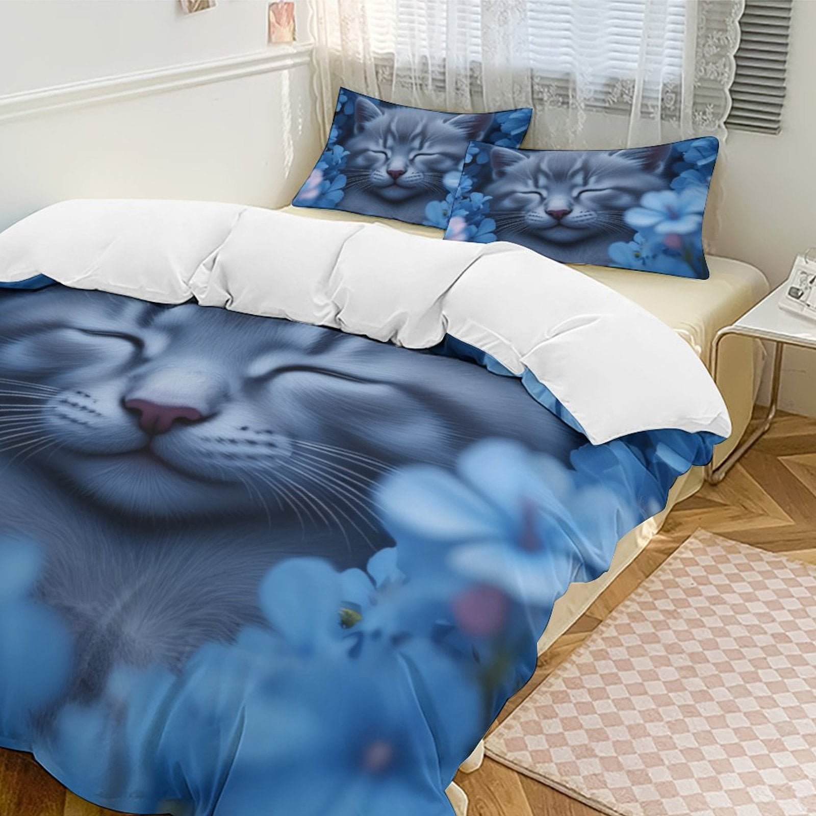 Cute Kitten in Blue Flowers 3D Duvet Cover Set Quilt Cover Theme of Kid ...
