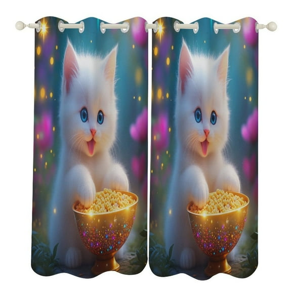 Cute Kitten with Sparkly Bowl-2 2pcs Blackout Curtains For Living Room ...