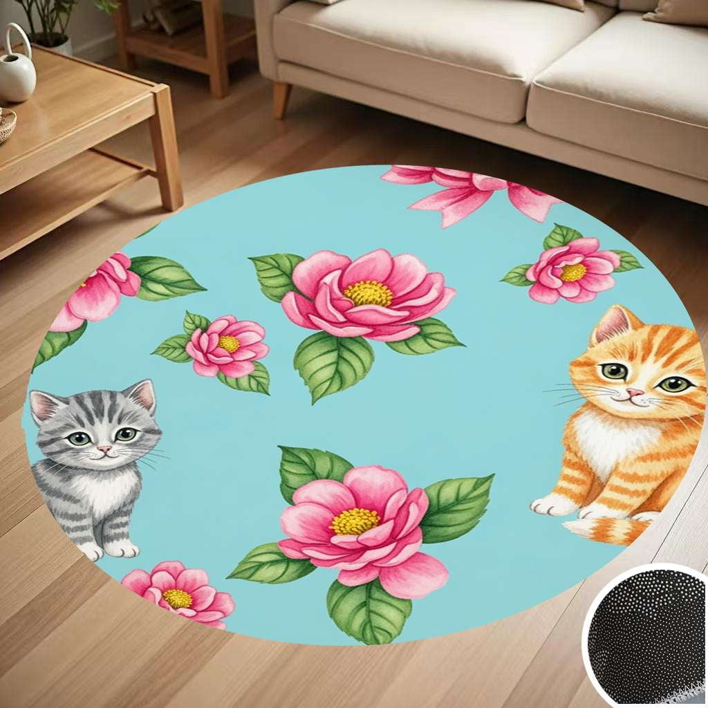 Cute Kittens Floral Pattern Round Carpet Living Room Bedroom Home ...