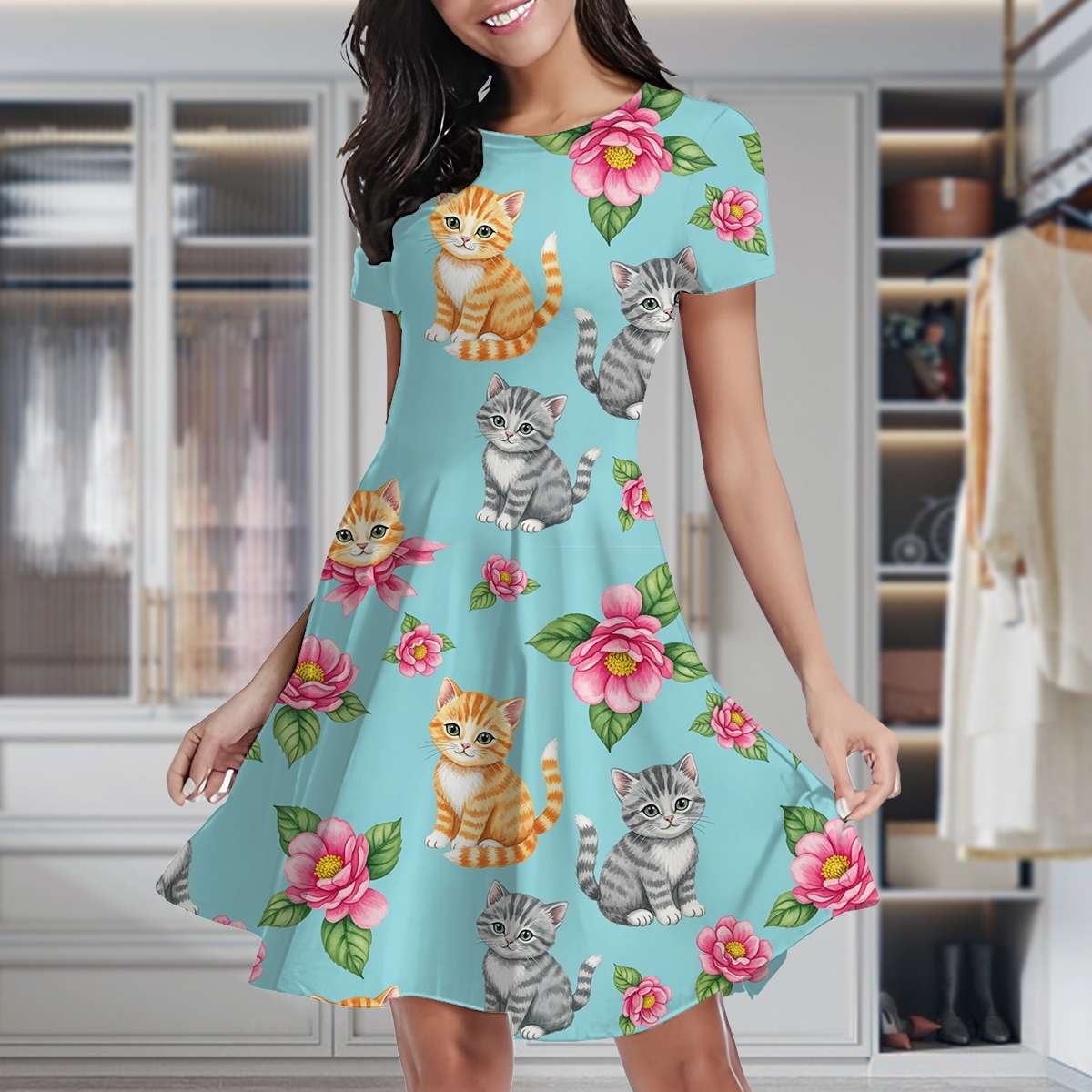 Cute Kittens Floral Pattern Women's Classic Swing Skater Dress Casual ...