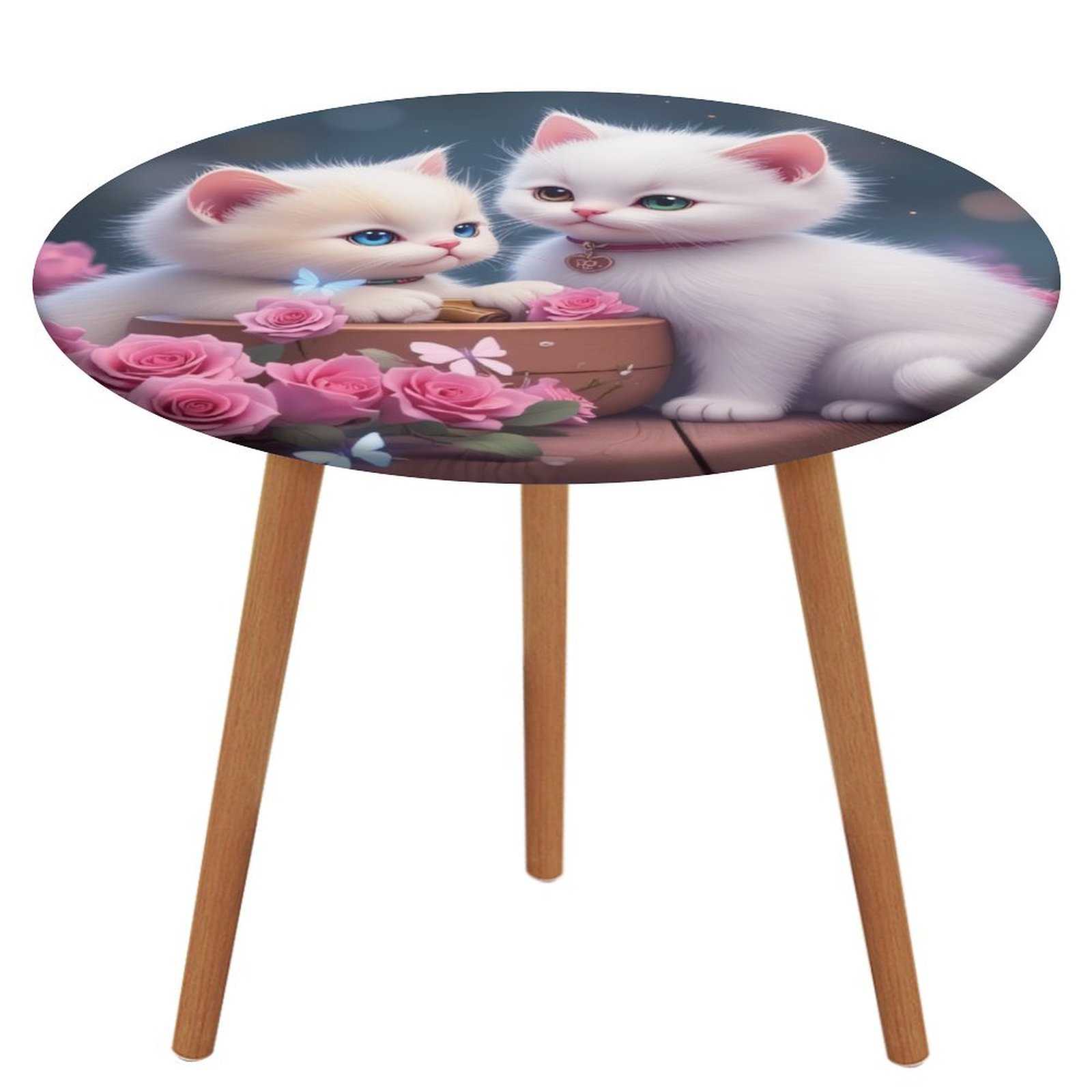 Cute Kittens with Roses Pattern Round Tablecloth Waterproof Elastic ...