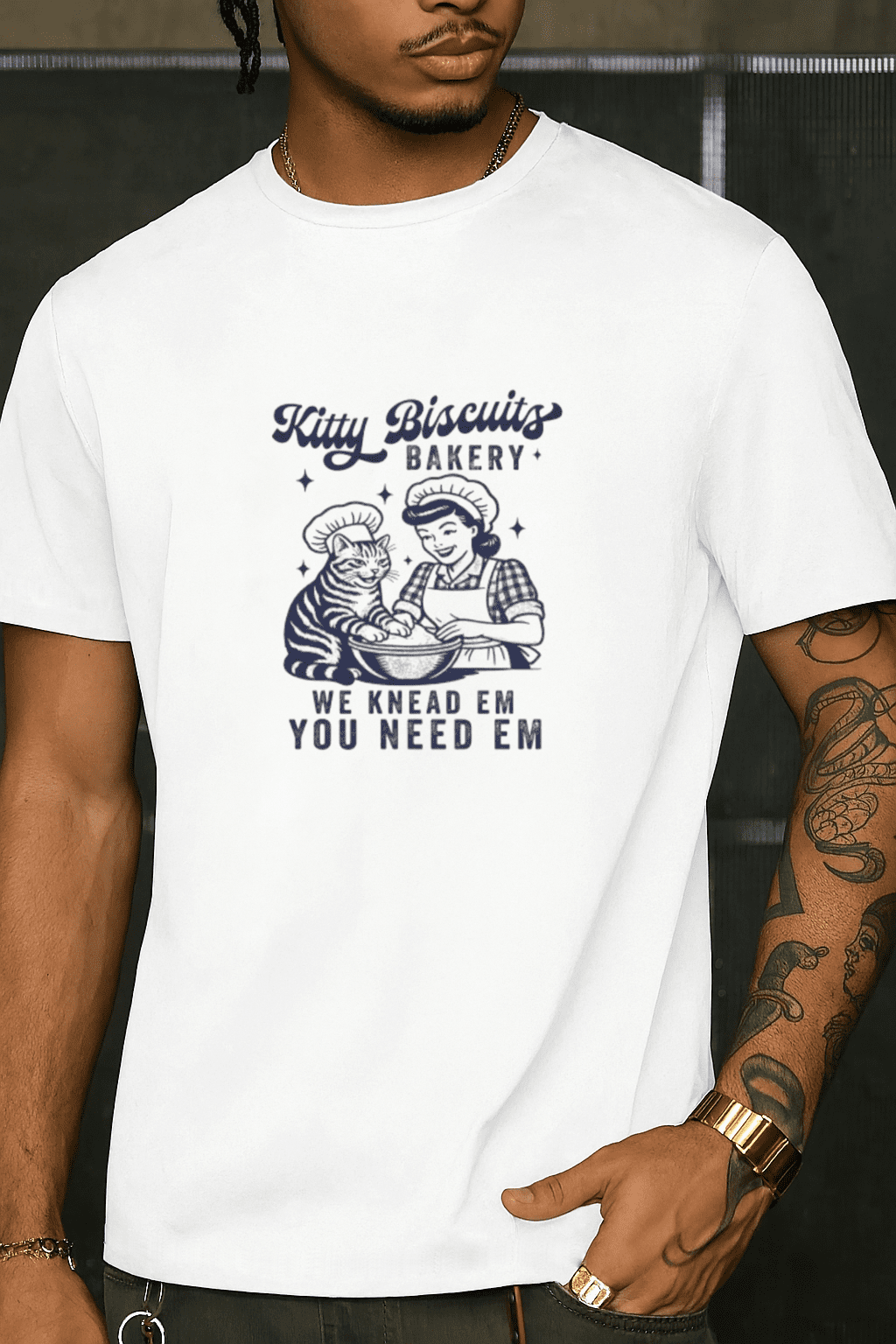 Cute Kitty Biscuits We Knead Em Retro 90s Cat Humor Graphic Unisex T-Shirt up to size 5XL ...