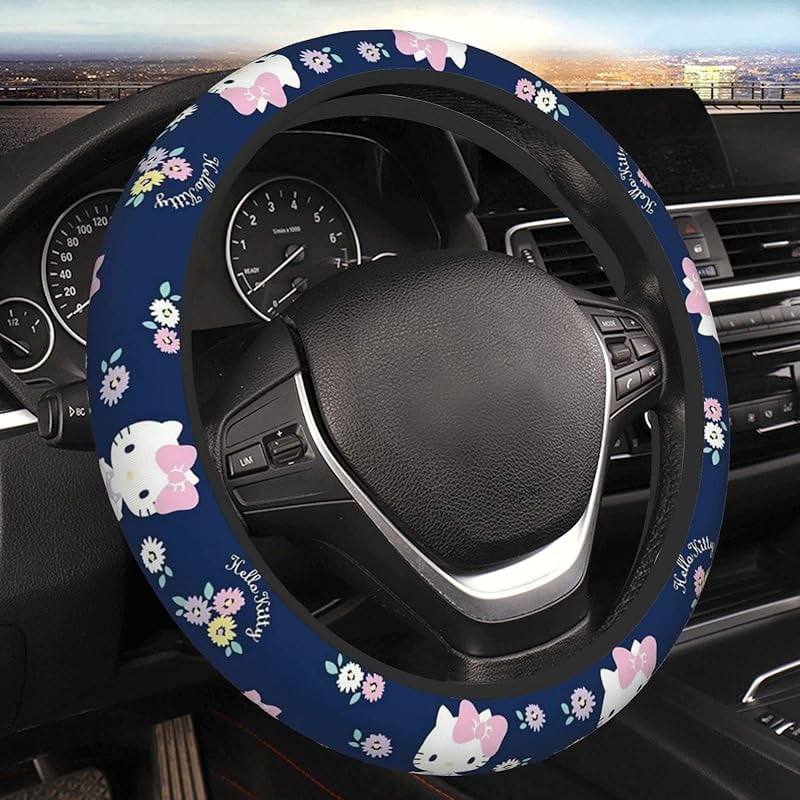 Cute Kitty Cat Car Accessories Blue Flowers Steering Wheel Cover Women ...