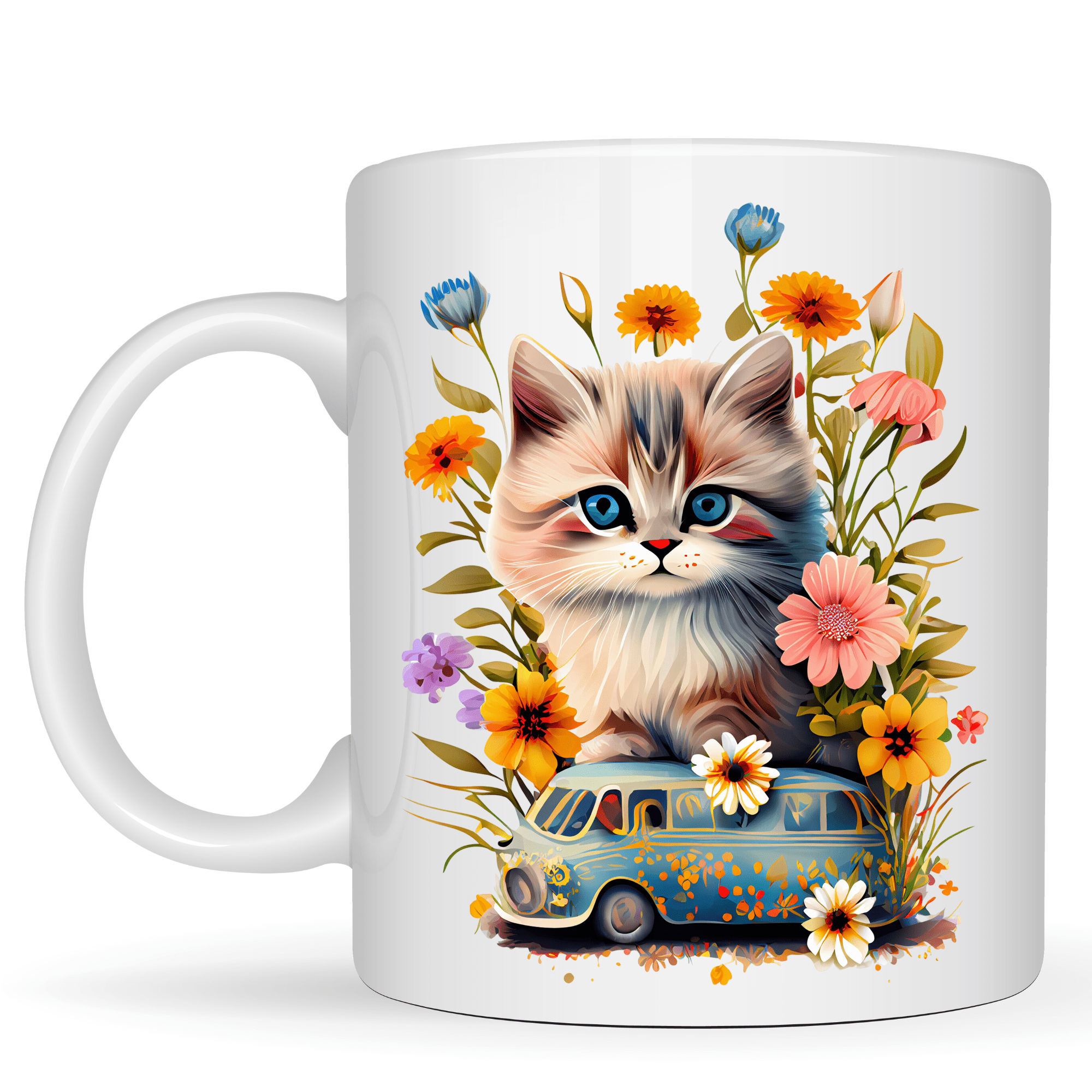 Cute Kitty Mug Cat and Flowers Novelty Coffee Tea Cup Ceramic 11 oz ...