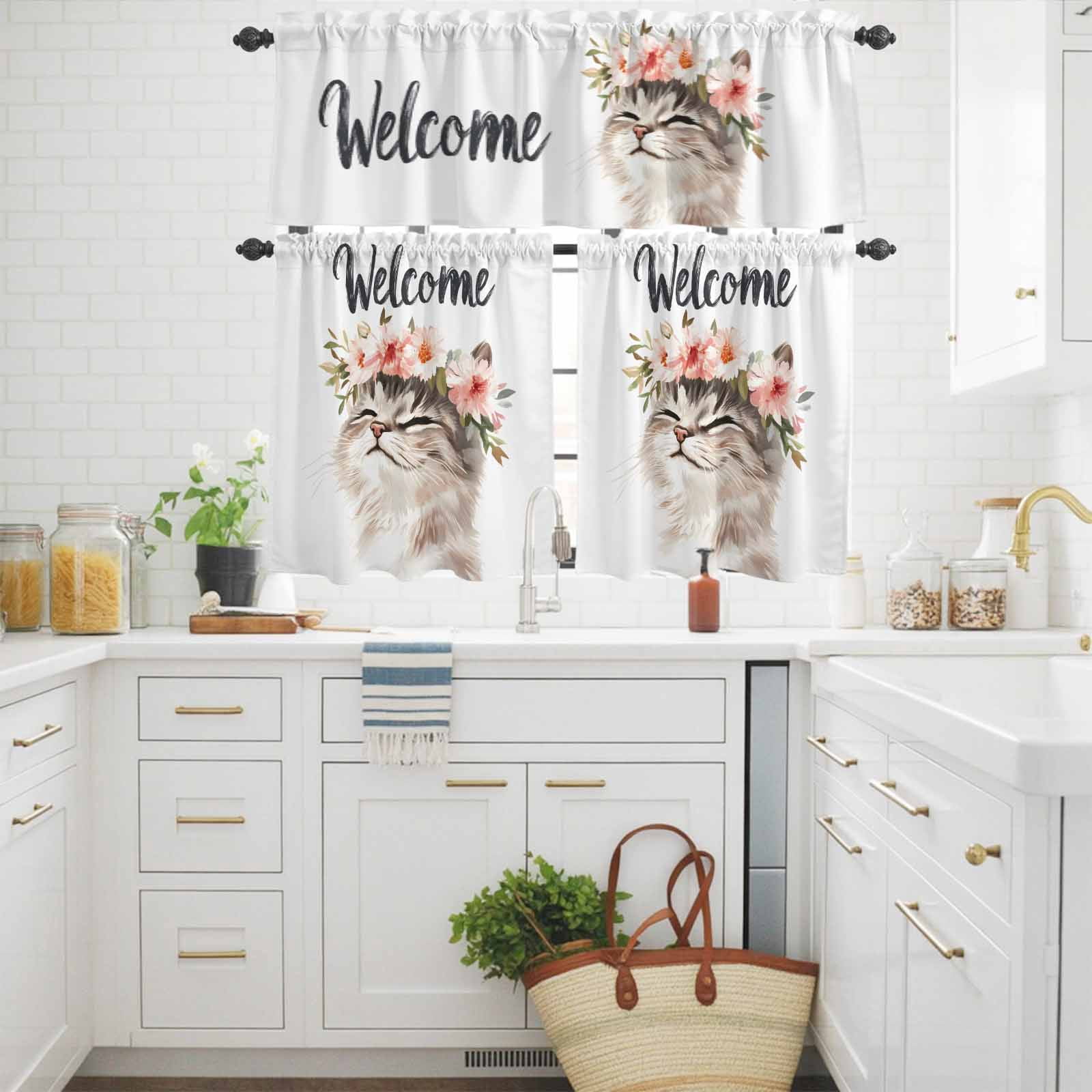 Cute Kitty Pink Flowers Curtain Tier and Valance Set 3 Piece,Welcome ...