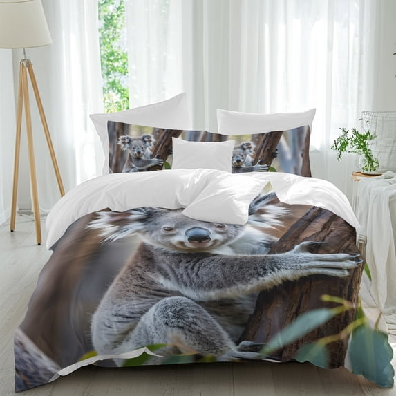 Cute Koala Animal Pattern Queen Size Bed Set,Trees Leaves Jungle ...