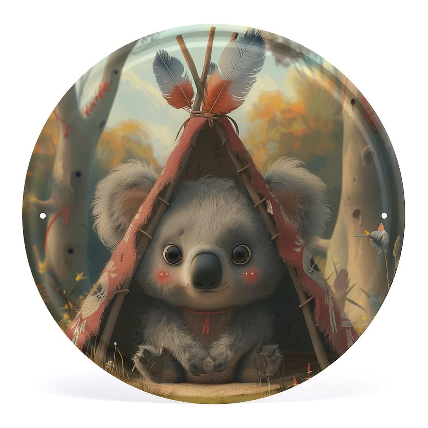 Cute Koala Bear And Teepee Round Aluminum Sign Abstract Watercolor ...