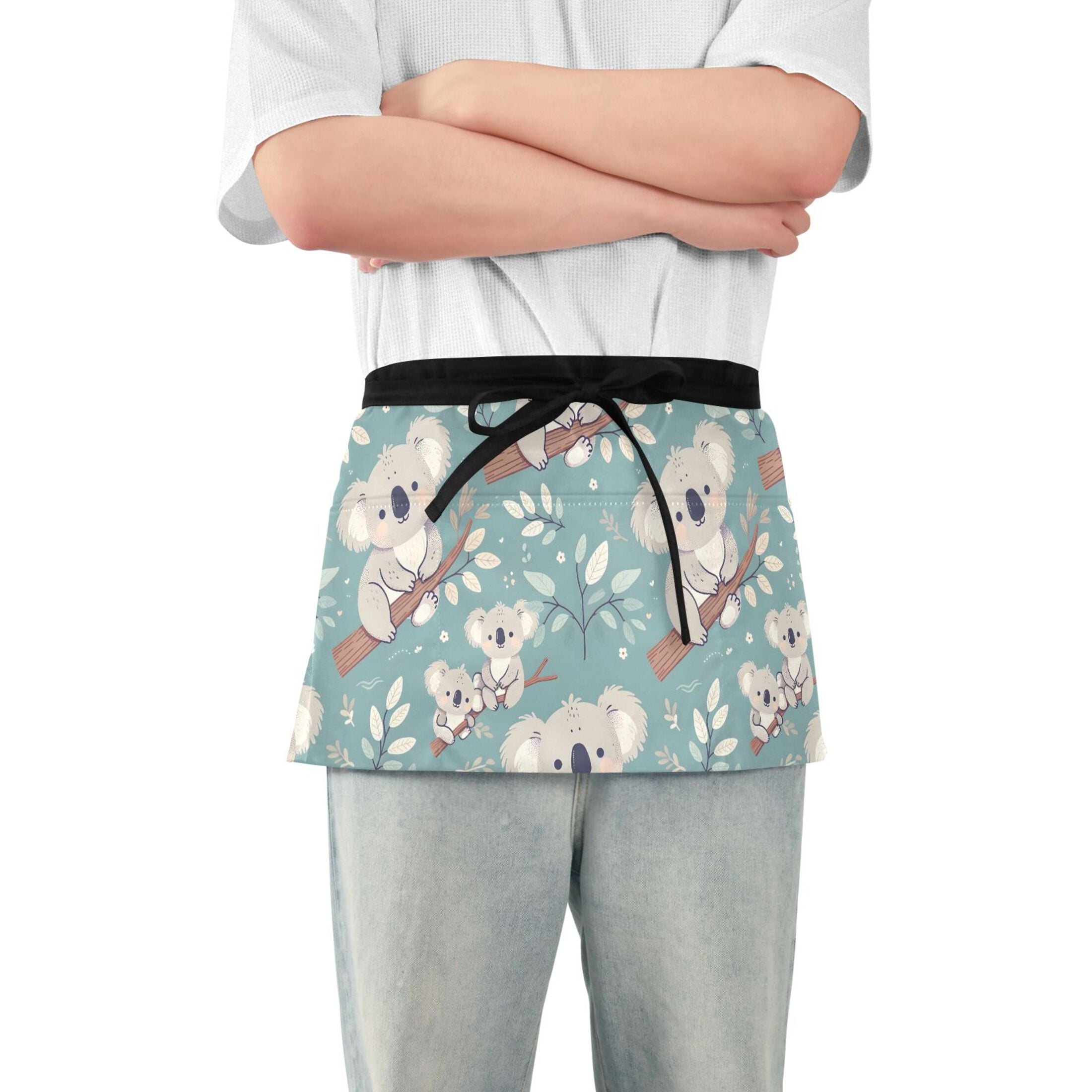 Cute Koala Bear on Branch Server Apron with 3 Pockets Waterproof Waitress Waist Short Apron for ...