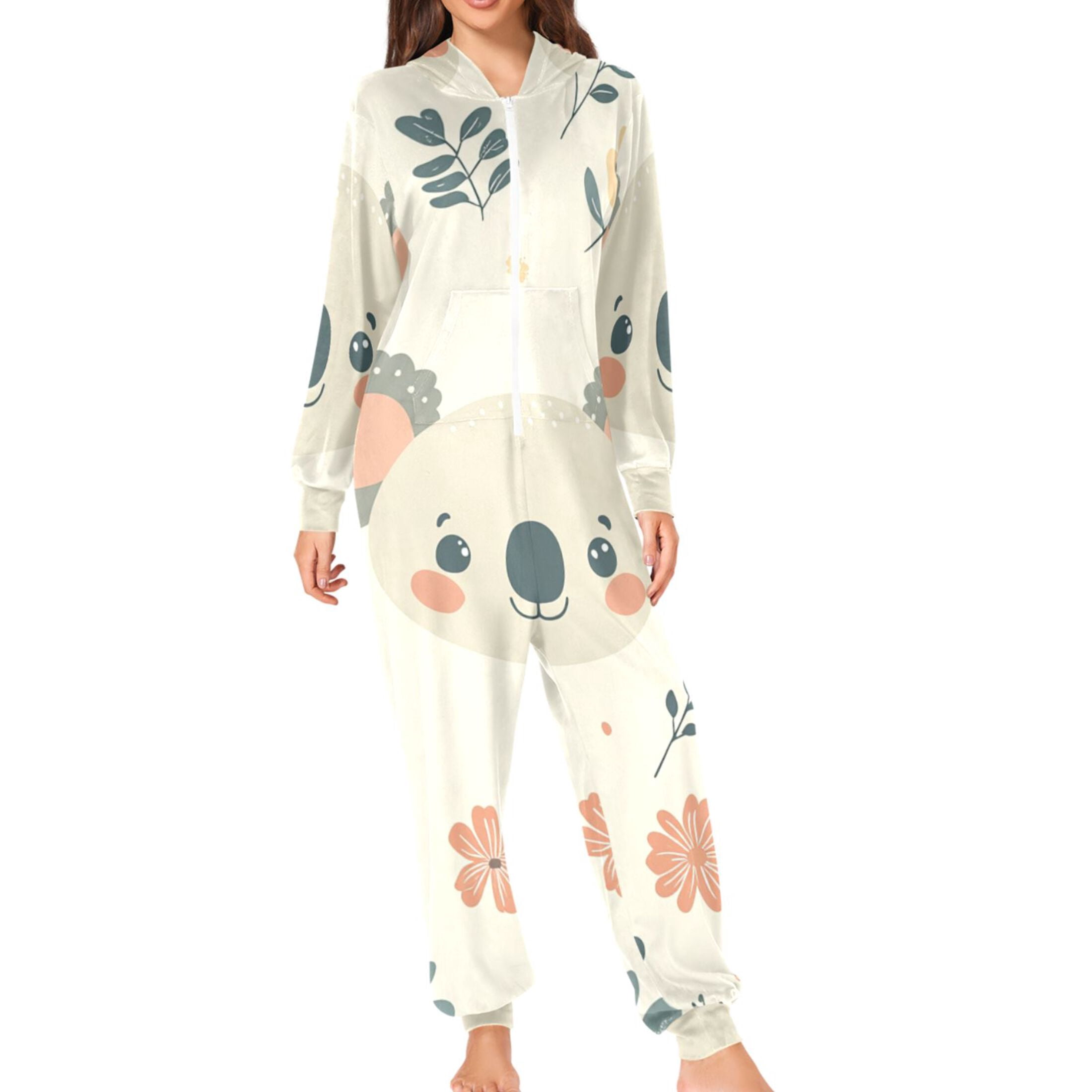 Cute Koala Faces Leaves Florals Adult's Hoodie Onesie Jumpsuit One ...