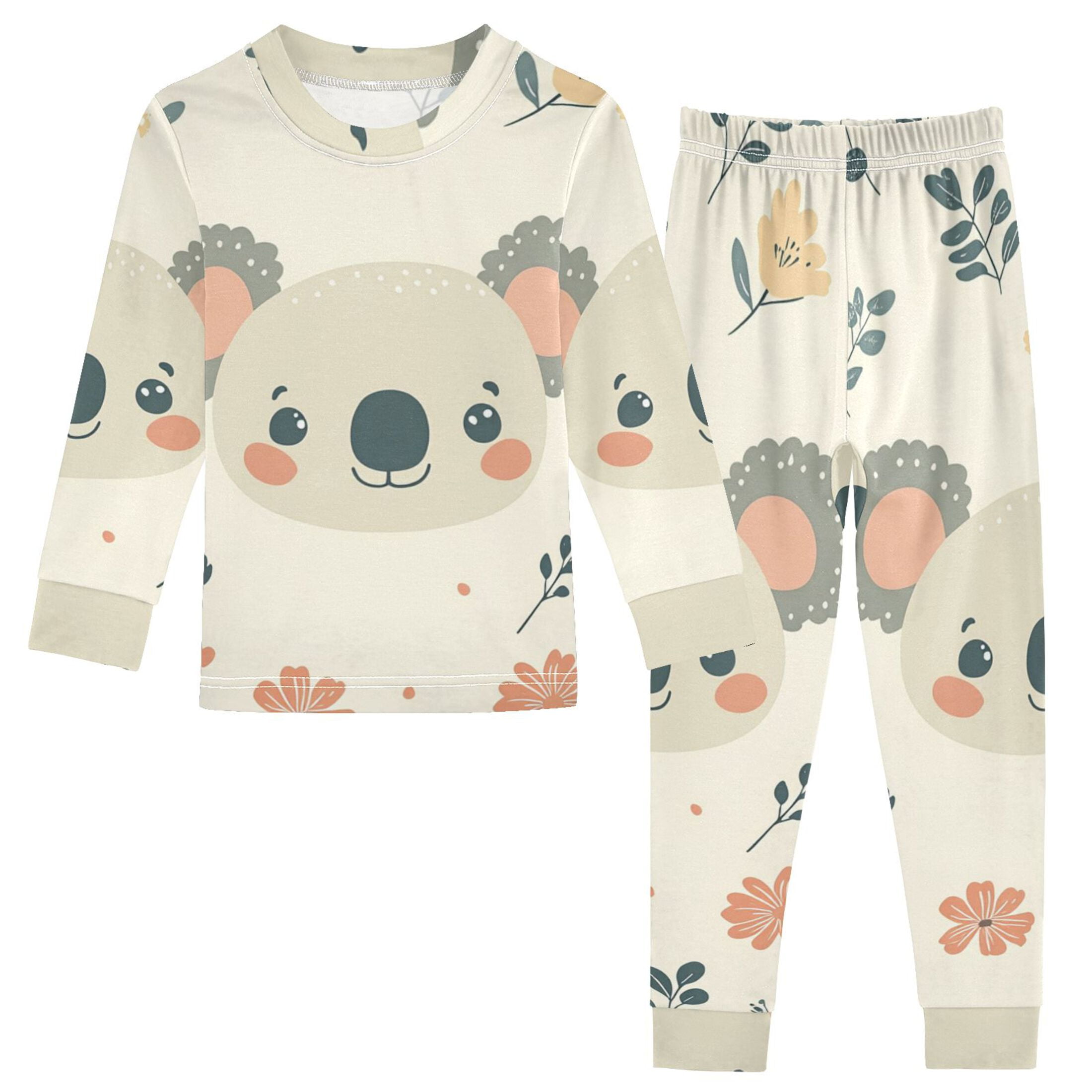 Cute Koala Faces Leaves Florals Cotton Pajama Set Long Sleeve Top and ...