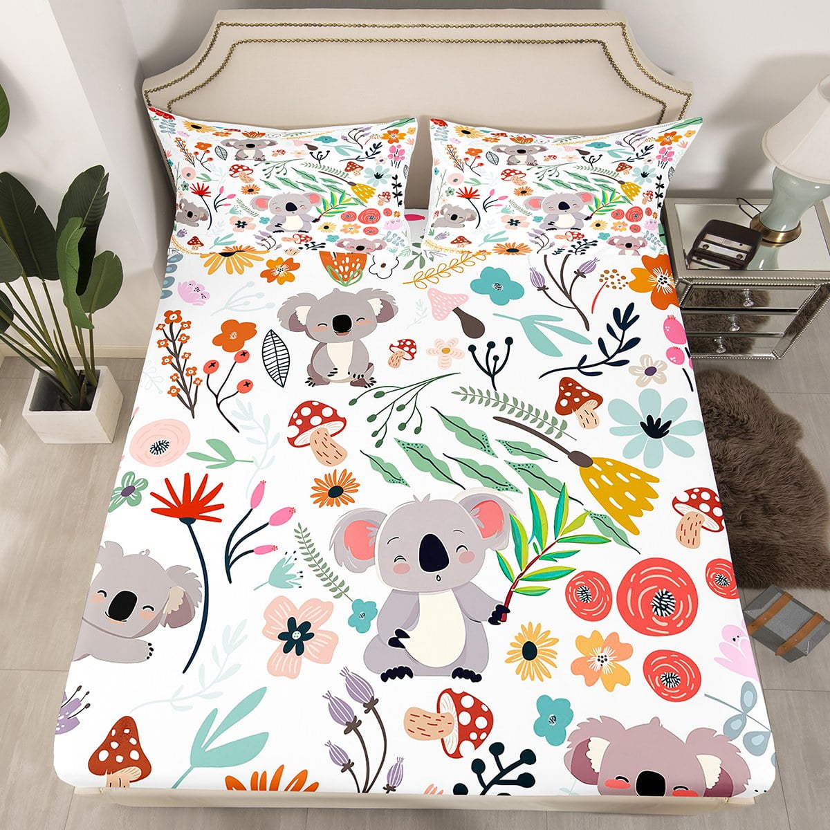 Cute Koala Full Bed Sheets,Mushroom Floral Sheets Cartoon Animal Fitted ...
