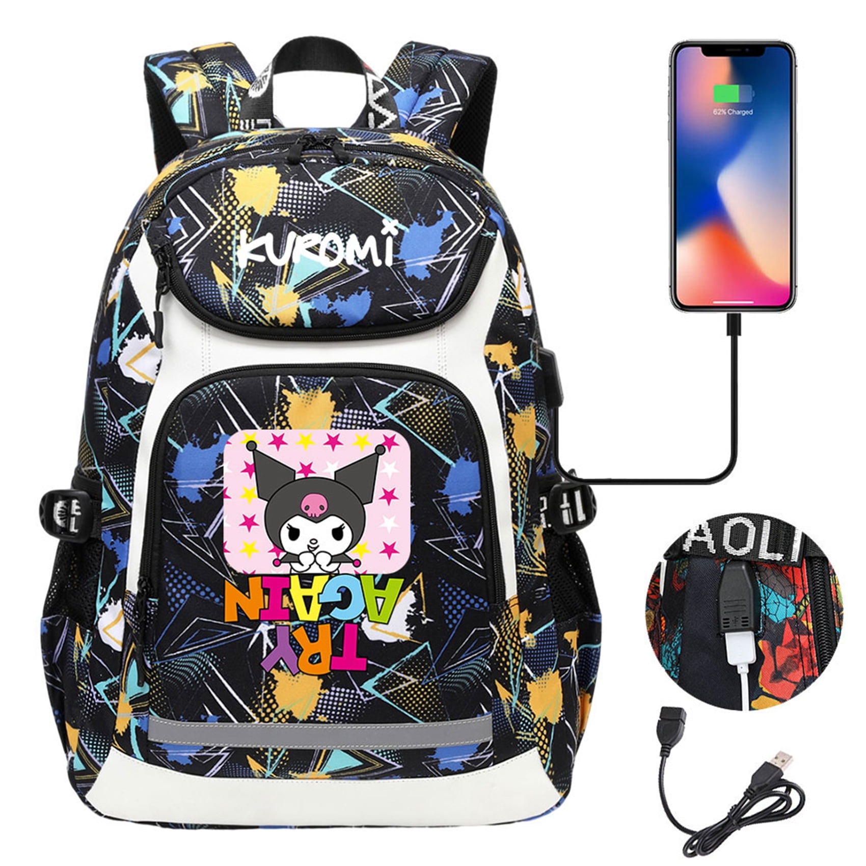 Cute Kuromi Graphic Canvas Backpack with USB Charge Port-Water ...