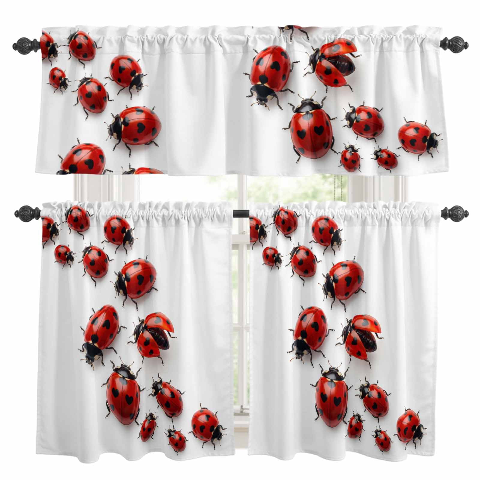 Cute Ladybug Kitchen Curtains and Valances Set, Realistic Love Heart ...
