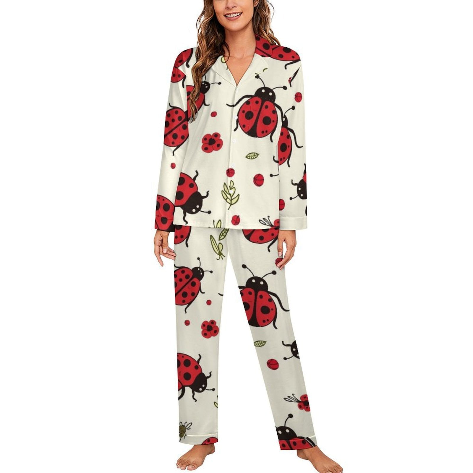 Cute Ladybug Pattern Pajamas Night V Neck Nightwear Lady Two Piece Long ...
