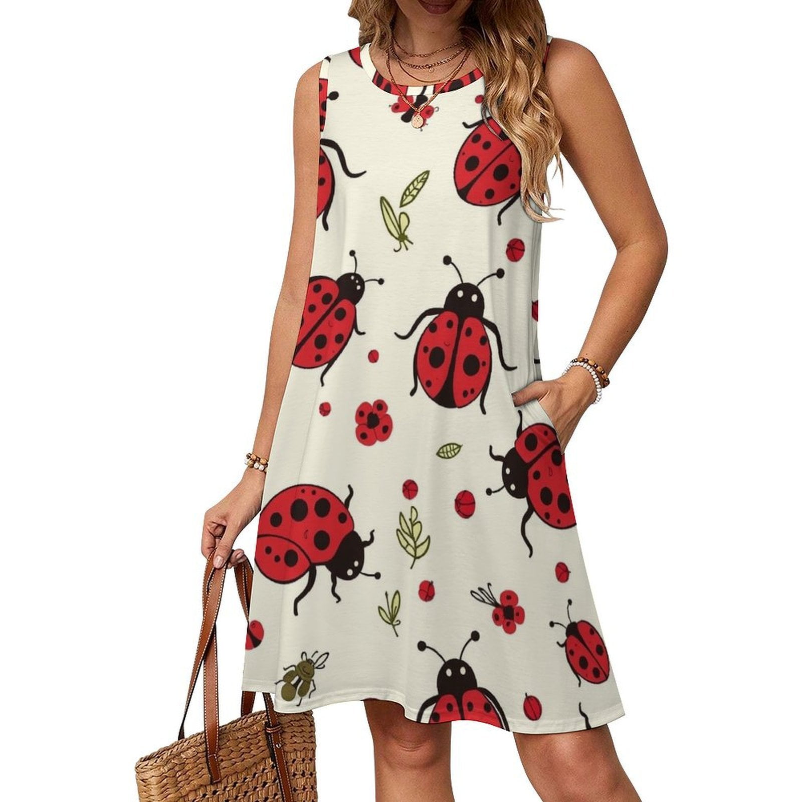 Cute Ladybug Pattern Women's Dress Summer Round Neck Sleeveless ...