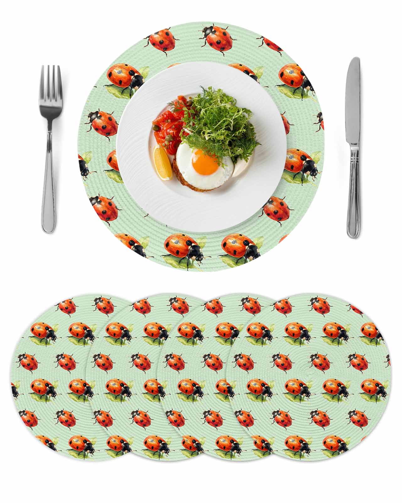 Cute Ladybugs Round 13 Inch Placemats Set of 4, Spring Botanical Leaves ...