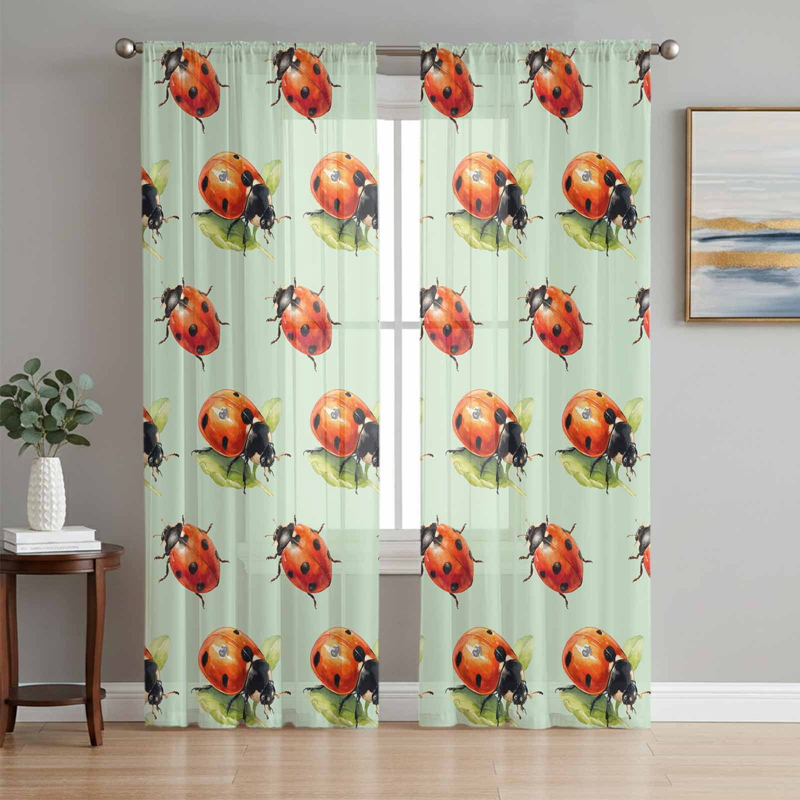 Cute Ladybugs Sheer Curtains 63 Inch Length 2 Panels Set Window ...