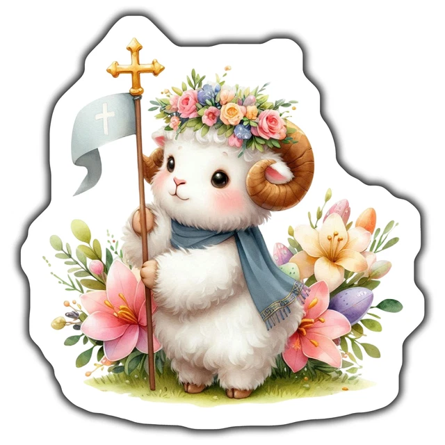 Cute Lamb Flower Crown Sticker, Floral Cross Stickers, Religious Lamb ...