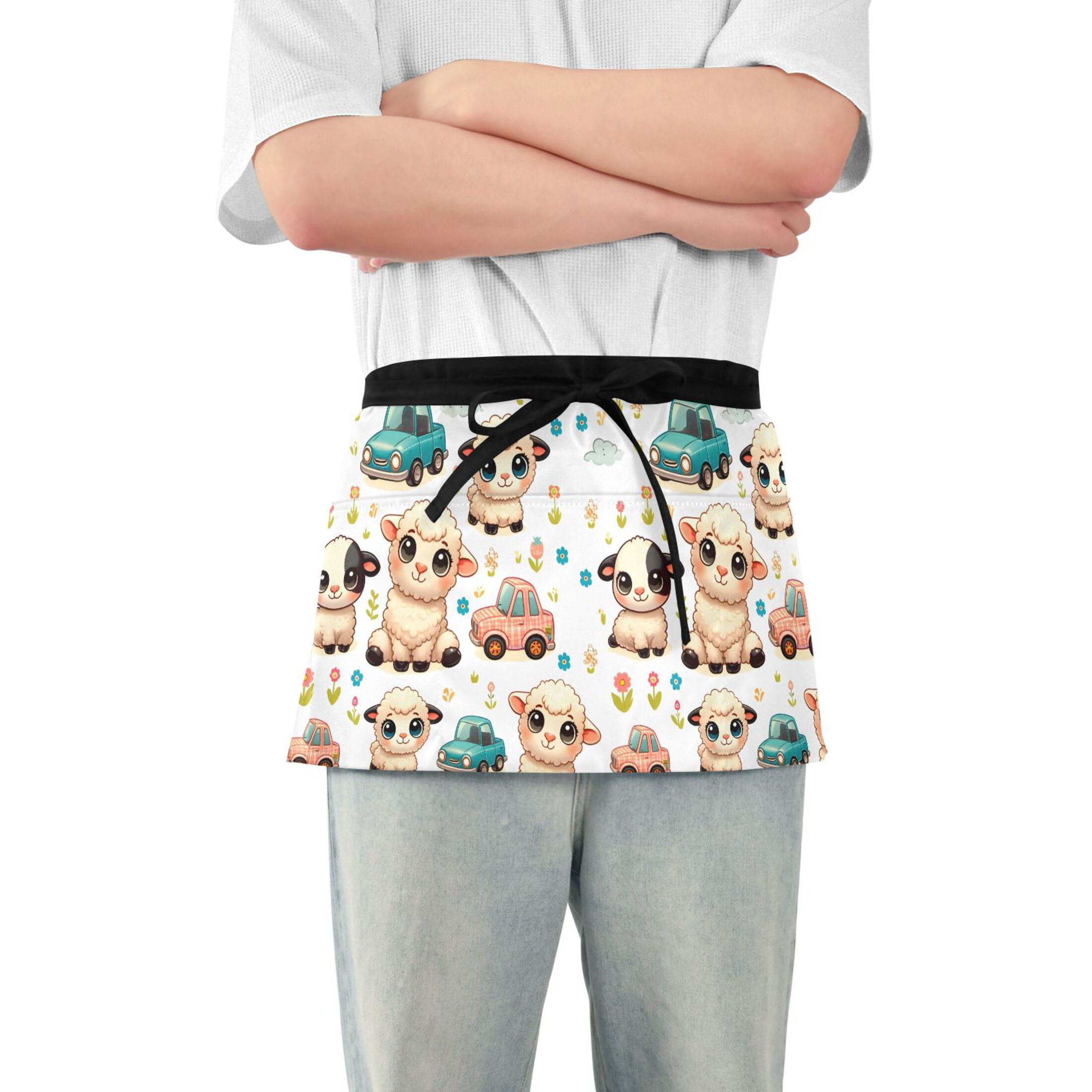 Cute Lamb and Car Server Apron with 3 Pockets Waterproof Waitress Waist ...