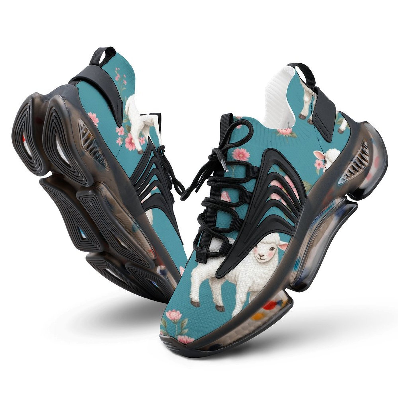 Cute Lambs Pink Flowers Teal Background Walking Shoes for Men Woman ...