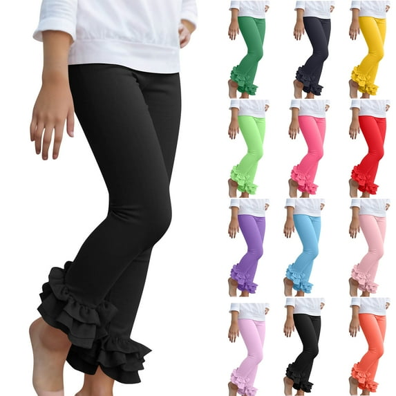 Cute Layered Ruffle Leggings for Girls Solid Stretchy Slim Flare Pants ...