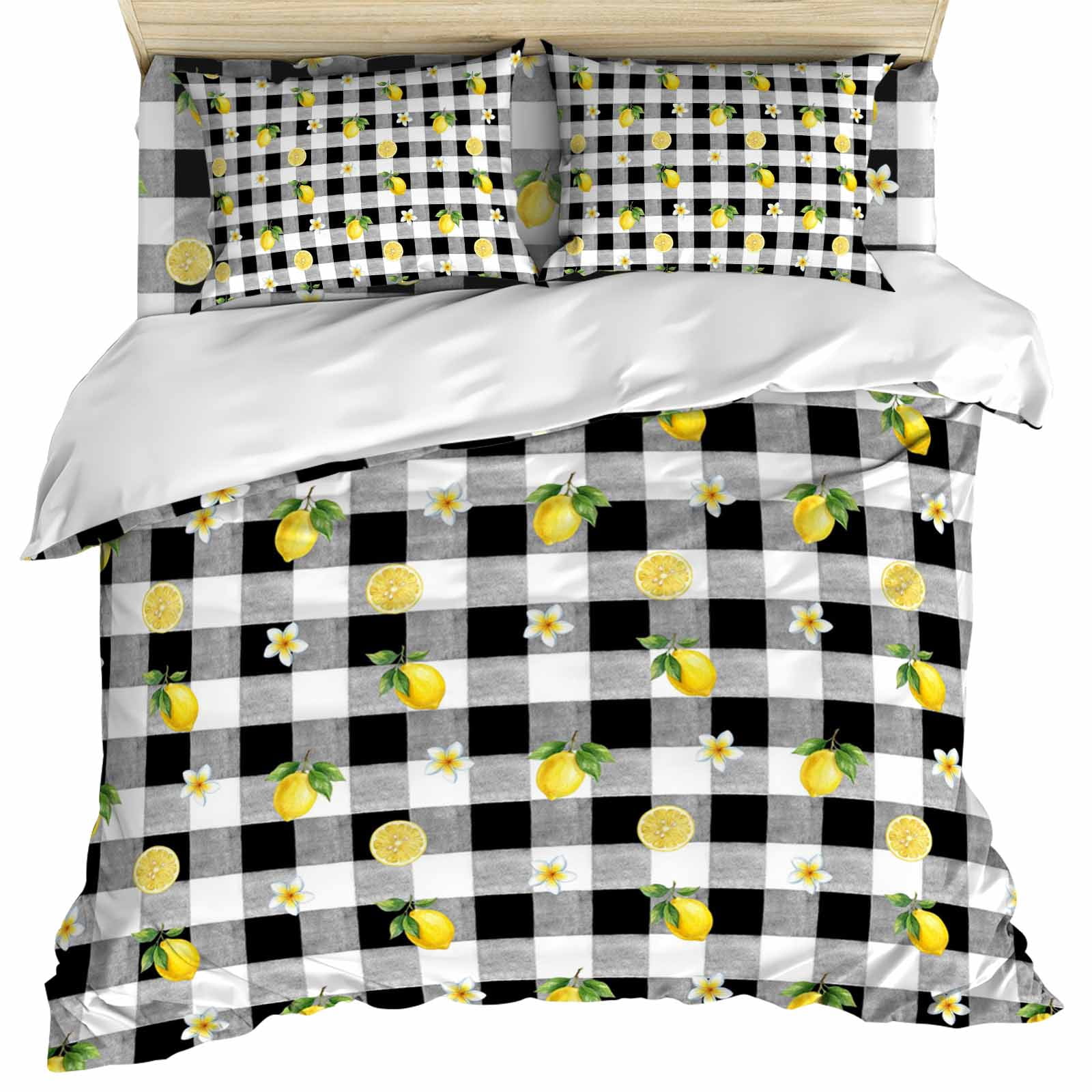 Cute Lemon Floral Set of 4 Bedding Quilt Covers, Farmhouse Black White ...
