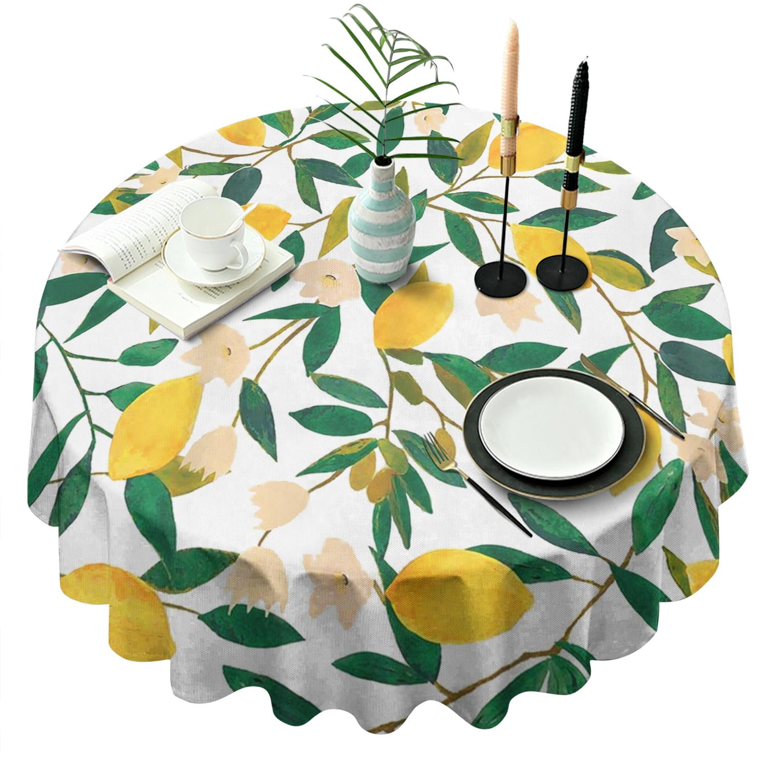 Cute Lemon Fruits Round Table Cloth,Wrinkle Resistant Table Cover with ...