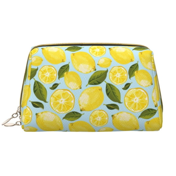 Cute Lemon Leaves Blue Makeup Bag, Large Capacity Cosmetic Bag Portable ...
