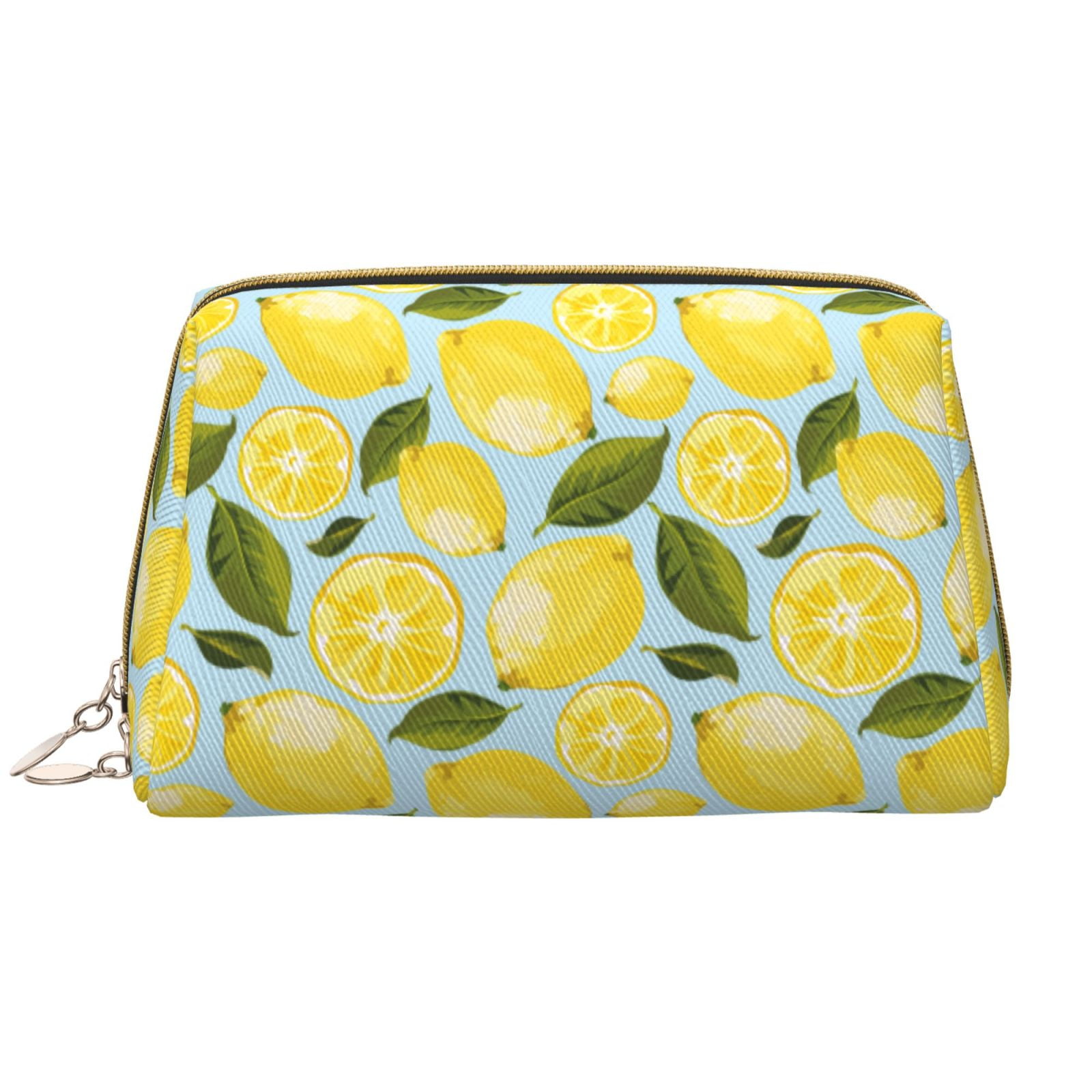 Cute Lemon Leaves Blue Makeup Bag, Large Capacity Travel Cosmetic Bag ...