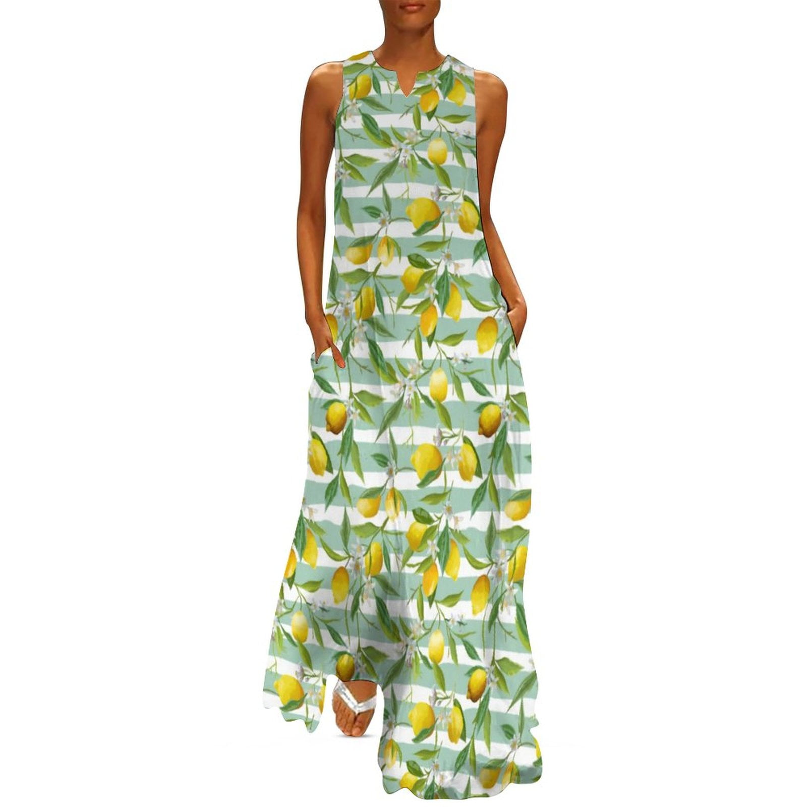 Cute Lemon Print Dress Citrus Fruit Elegant Maxi Dress Sleeveless ...