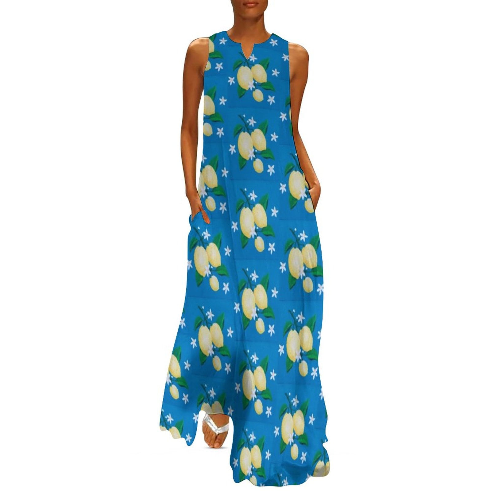 Cute Lemon Print Dress Citrus Fruit Elegant Maxi Dress Sleeveless ...
