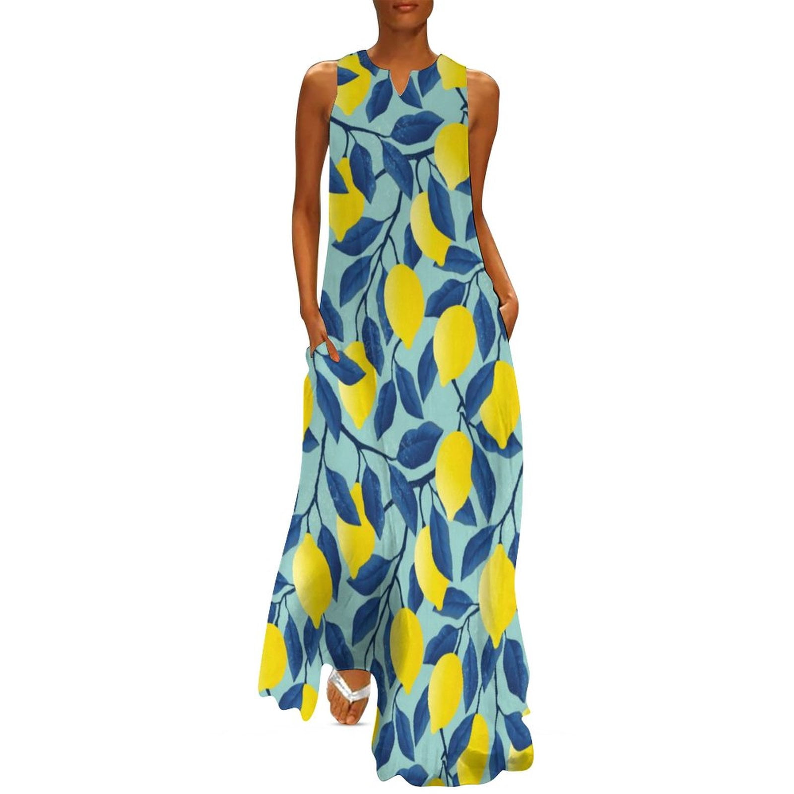 Cute Lemon Print Dress Citrus Fruit Elegant Maxi Dress Sleeveless ...