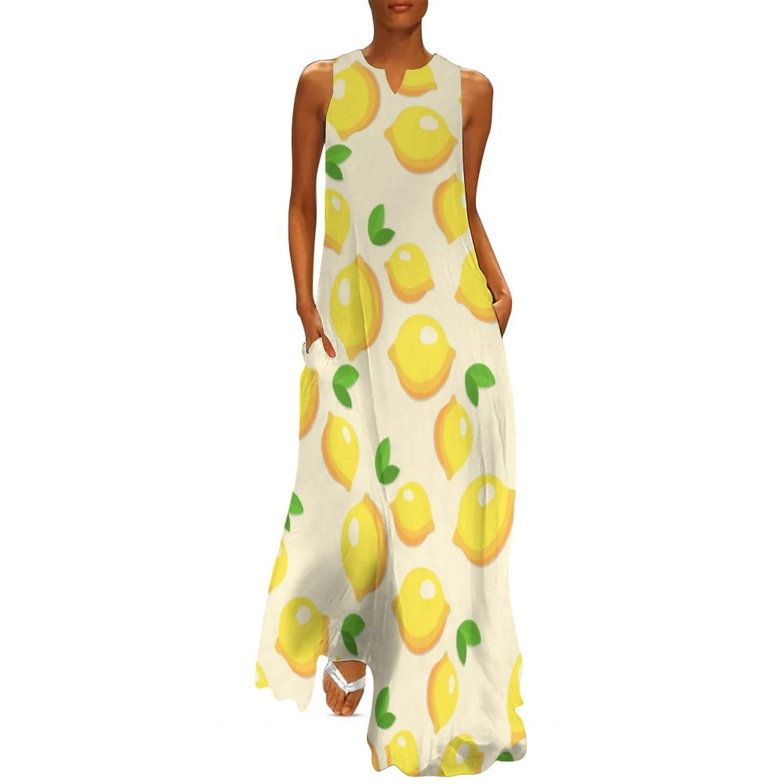 Cute Lemon Print Dress Citrus Fruit Elegant Maxi Dress Sleeveless ...