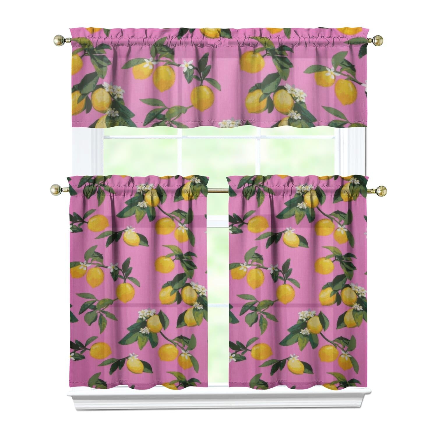 Cute Lemon Print Kitchen Curtains - 3 Piece Set with Rod Pocket, Bright Yellow Vintage Style ...