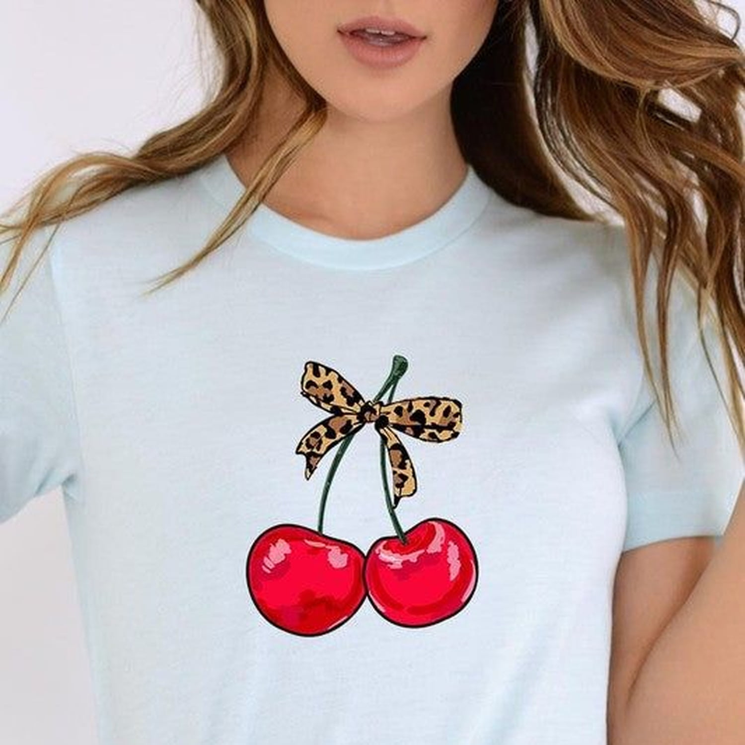 Cute Leopard B1Ow C1herry Graphic T1EE - ICE BLUE _ S - Walmart.com