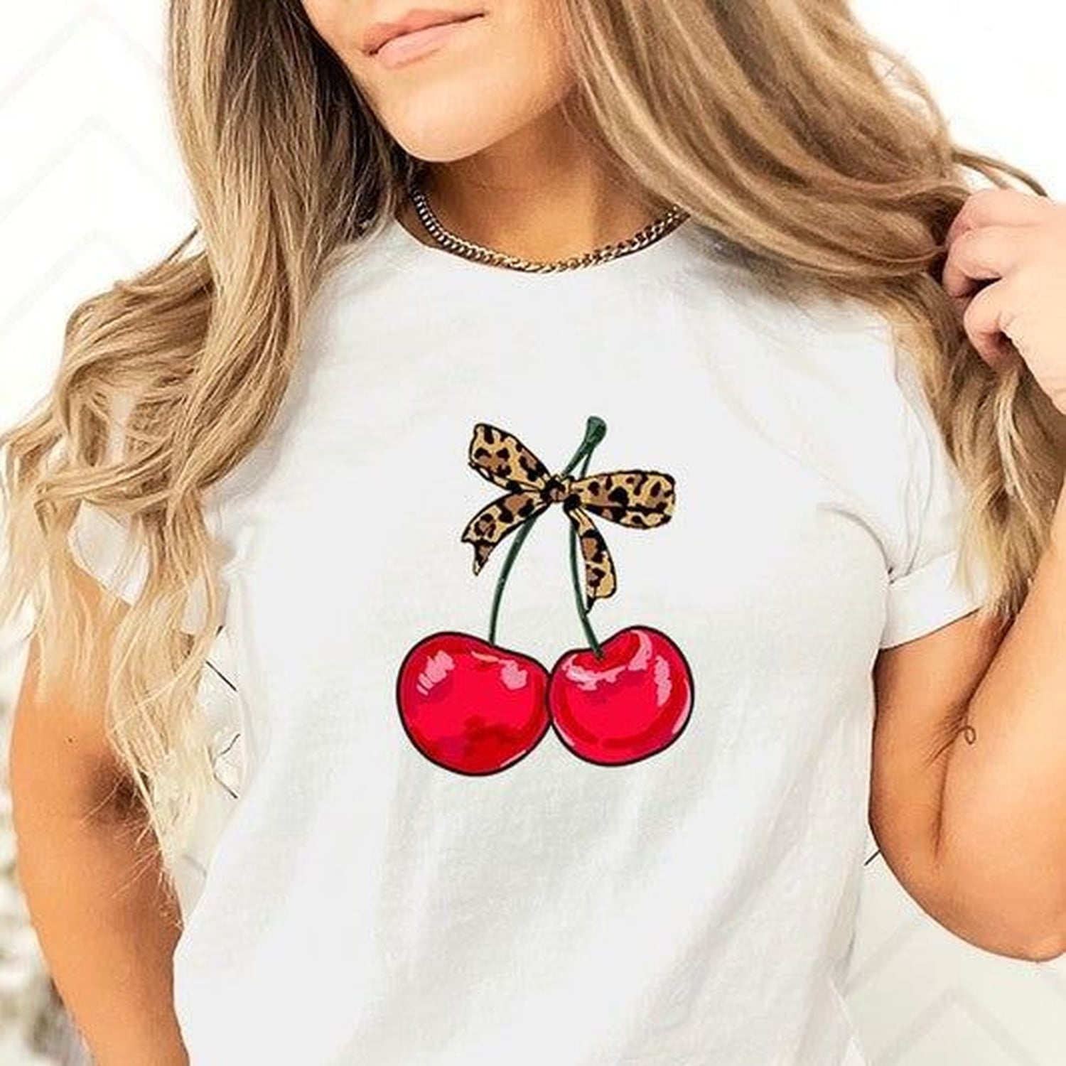 Cute Leopard B1Ow C1herry Graphic T1EE - VINTAGE WHITE _ S - Walmart.com
