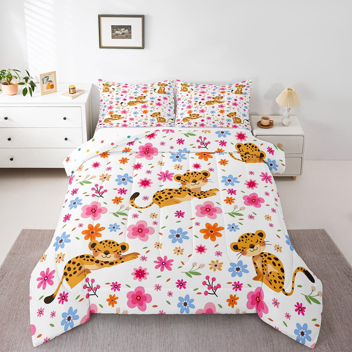 Cute Leopard Cheetah Print King Size Comforter Set Girly Pink Floral ...