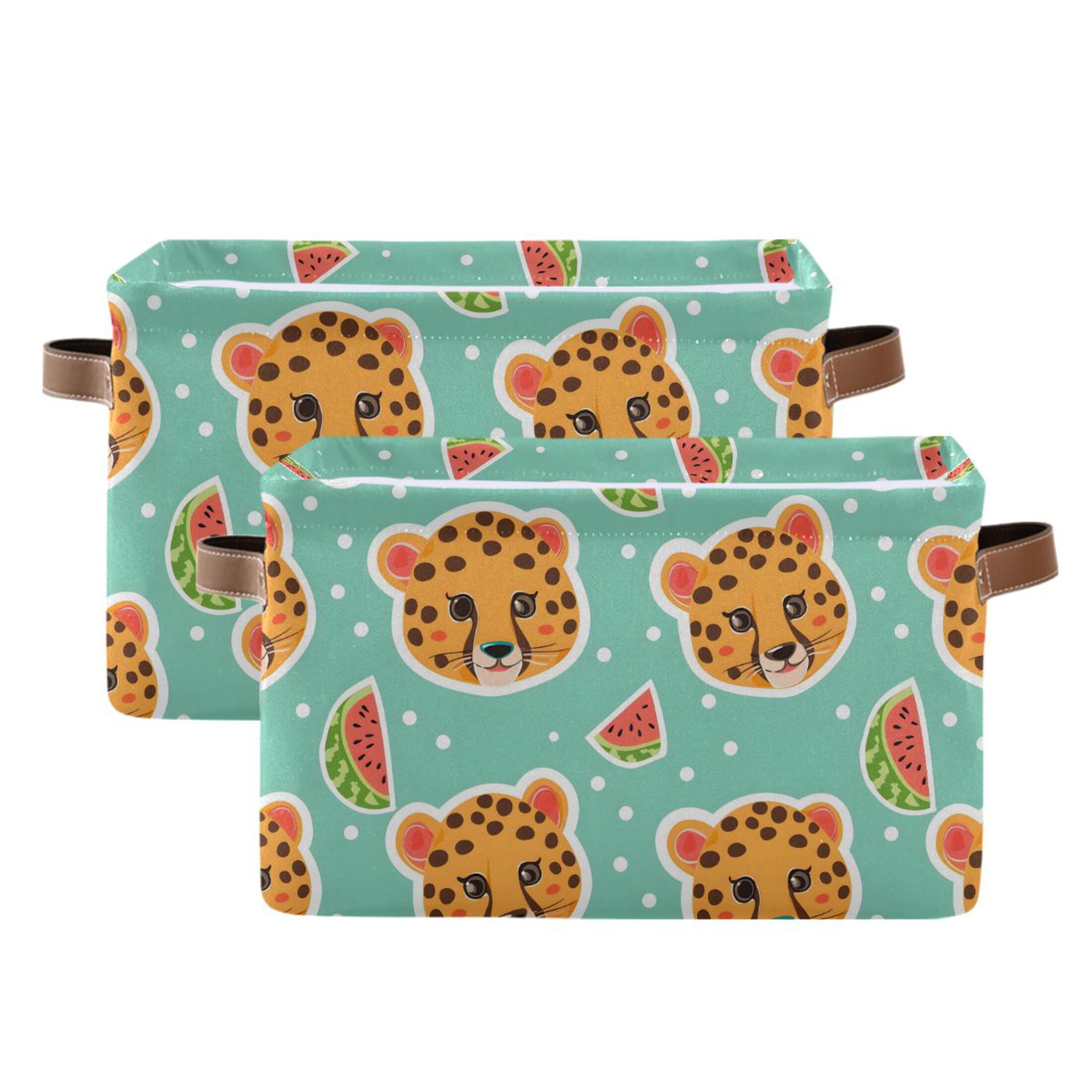 Cute Leopard Face and Watermelon Storage Bins with Handle Fabric ...