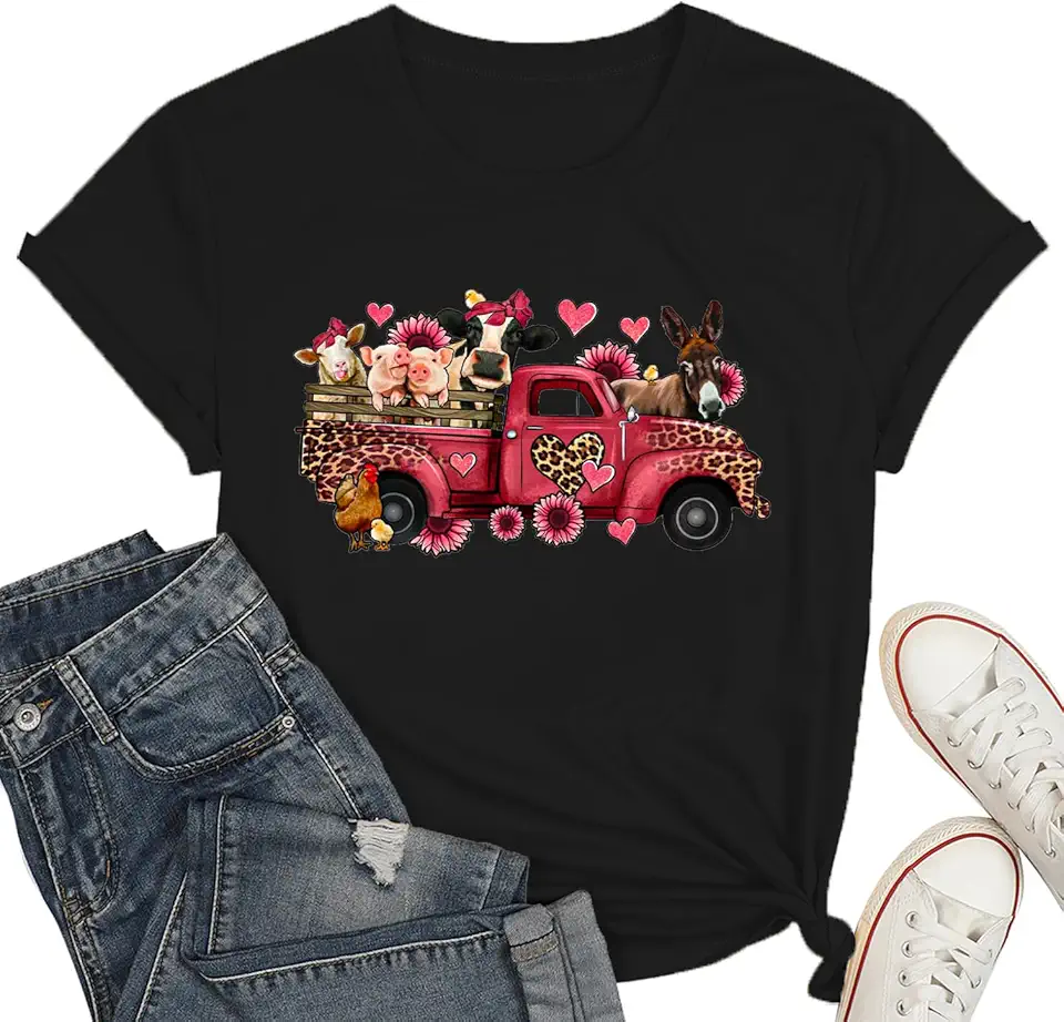 Cute Leopard Heart Farm Truck Graphic for Women Short Sleeve Casual T ...