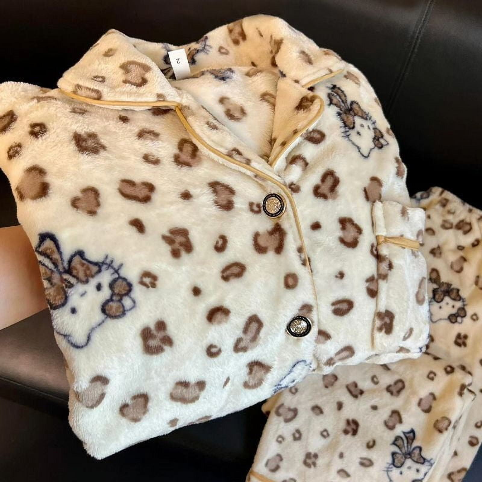 Cute Leopard Hello Kitty Plush Pajamas Set for Women Autumn and Winter ...