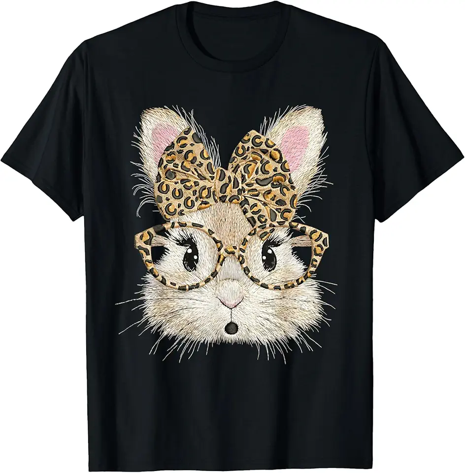 Cute Leopard Print Bunny with Glasses Graphic T-Shirt, Stylish Animal ...